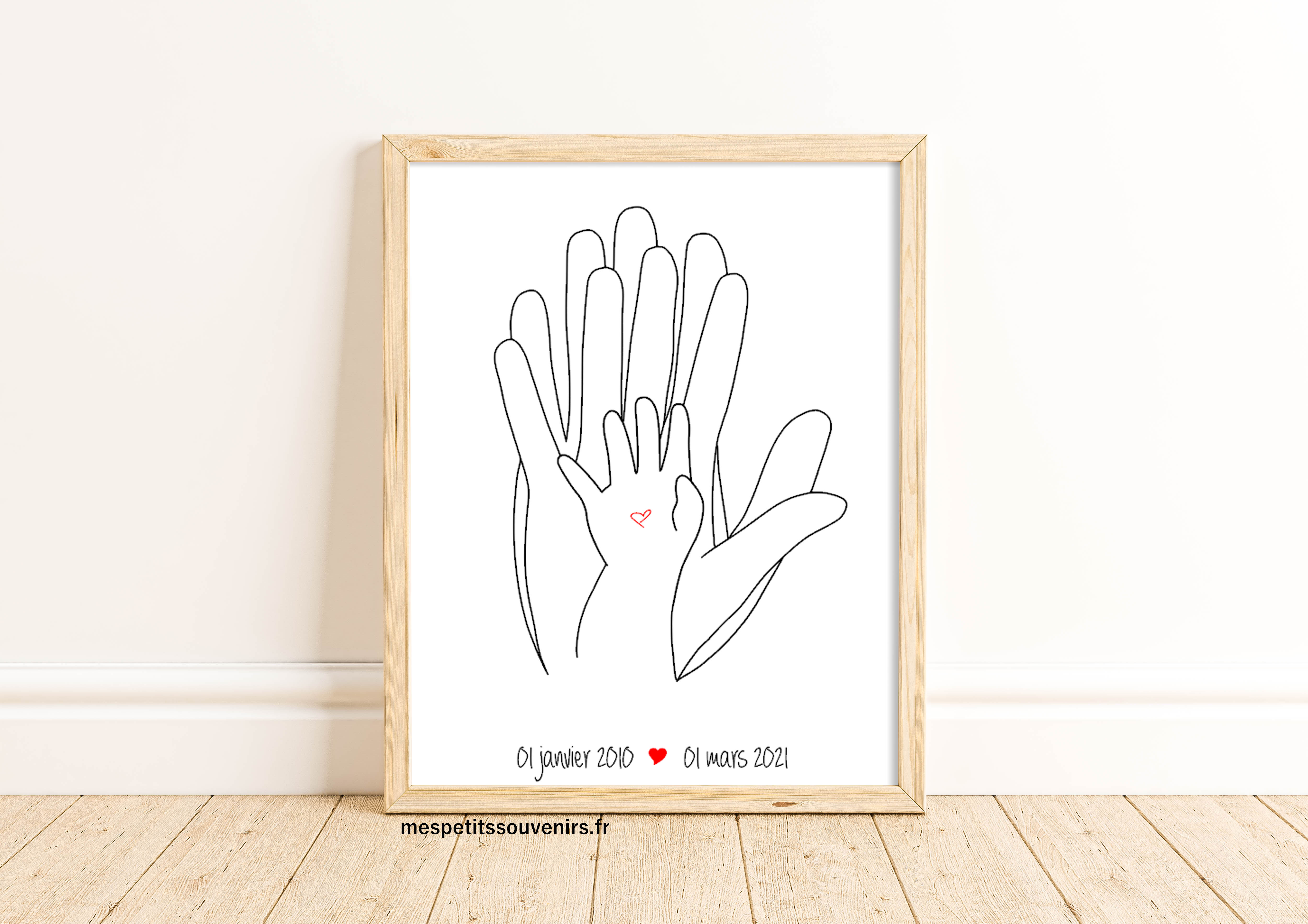 Affiche A3 Minimaliste personnalisée 3 mains coeur - Mes Petits